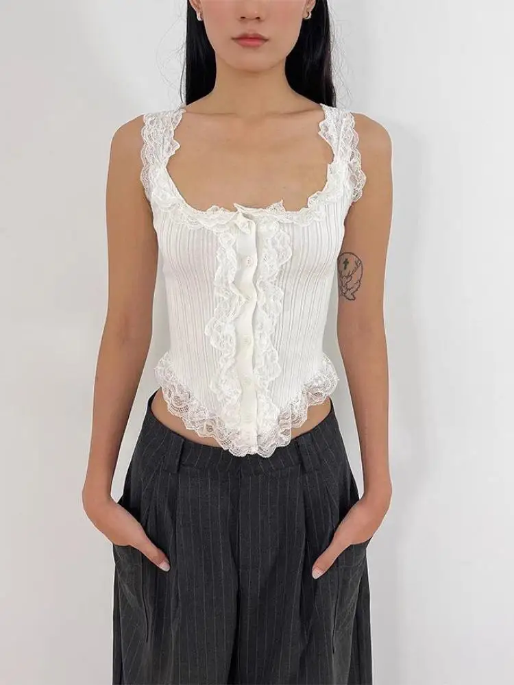 Yedinas Knitted Patchwork Lace Tank Tops Sleeveless Tshirts Korean ...