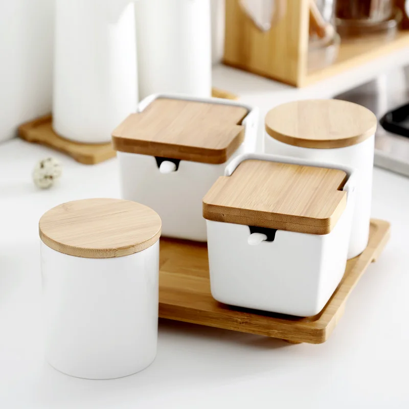 Kitchen Storage Container Wooden Lid Ceramic Seasoning Jar Salt Sugar ...