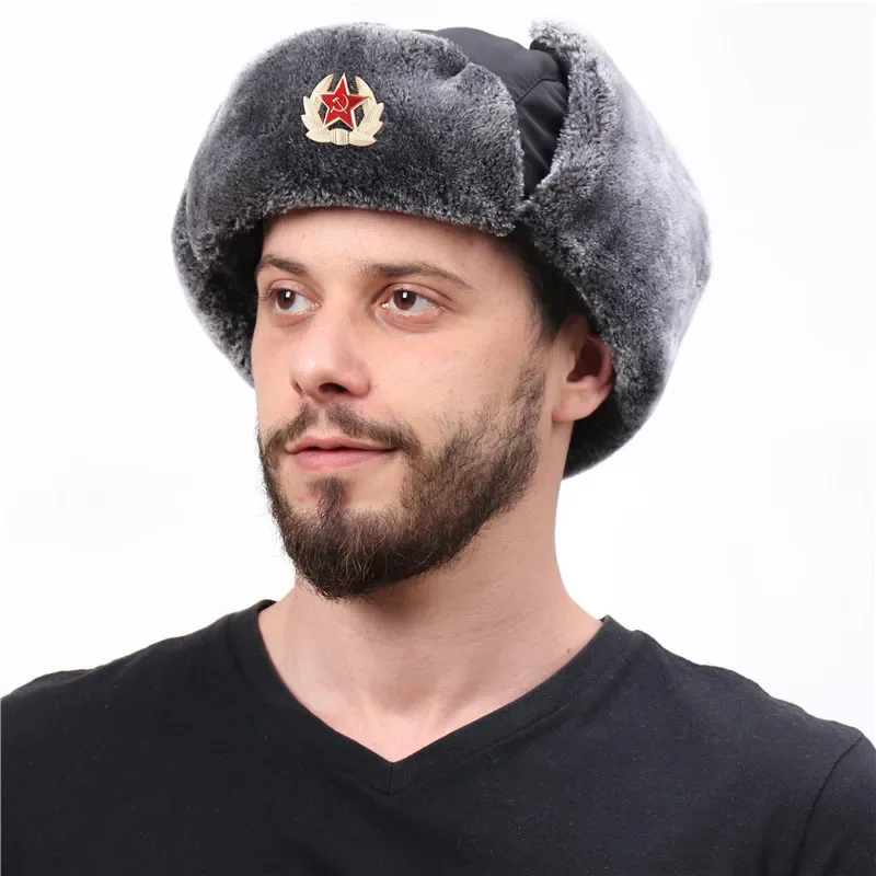 Winter Soviet Badge Lei Feng Hats for Men Russian Army Ushanka Bomber ...