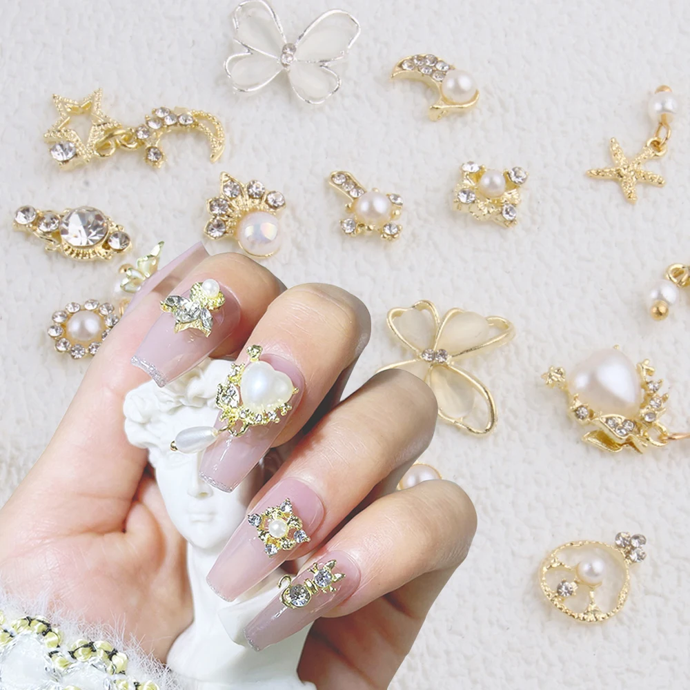 10PCS 2022 Trendy Nail Art Rhinestones Gems Dangle Nail 3D Charms Gold ...
