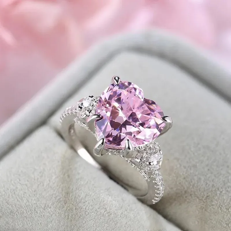 Fashion-Pink-Heart-Shaped-Wedding-Rings-Claw-Design-Simple-Zircon ...