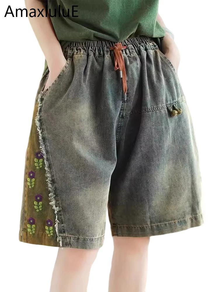 Amax luluE Brand 2024 Summer Embroidery Denim Short Pants Women Loose ...