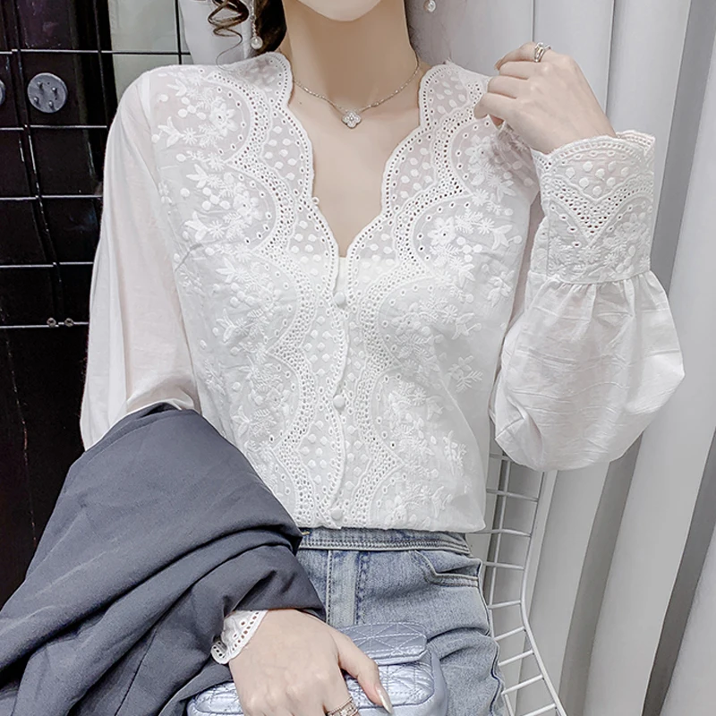 Embroidered-Elegant-White-Lace-Blouse-Women-V-neck-Vintage-Woman-Shirt ...