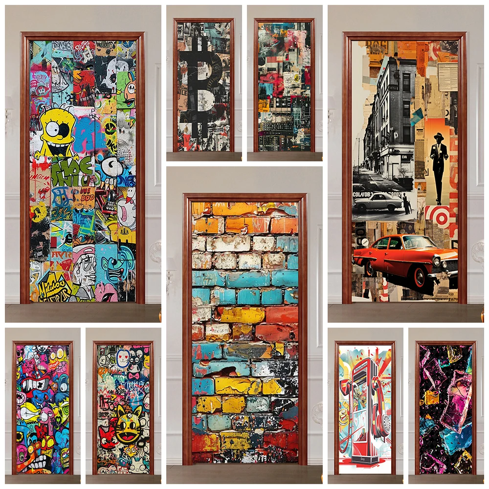 3D-Retro-Colorful-Graffiti-Door-Art-Mural-Sticker-Removable ...