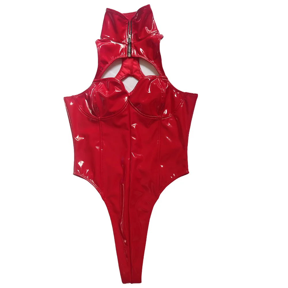 Pvc Latex Faux Leather Bodysuit Chest Three Dimensional Splicing Clothe