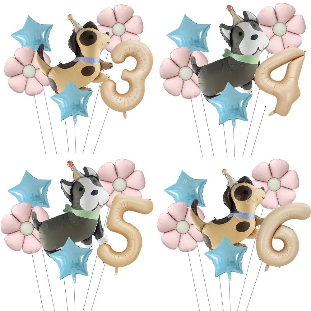 6pcs Cute Dog Pet Birthday Balloon Decoration Daisy Number Foil Balloon ...