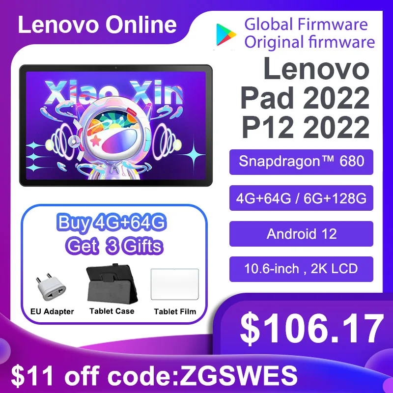 레노버 P12 2022 스냅드래곤 680 옥타 코어, 안드로이드 12, 10.6 인치, 2K LCD 스크린, 와이파이, 레노버 패드, 2022 태블릿, 중국 내수용