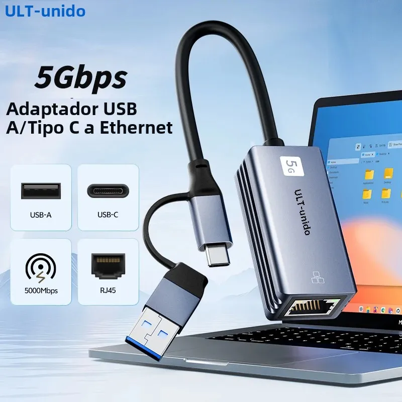 Adaptador USB a Ethernet de 5 Gbps, convertidor de red USB-C a RJ45 de ...