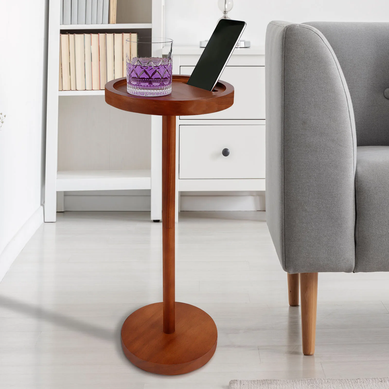 Round Wooden Side Table High 55cm Drink Table with Phone Holder ...