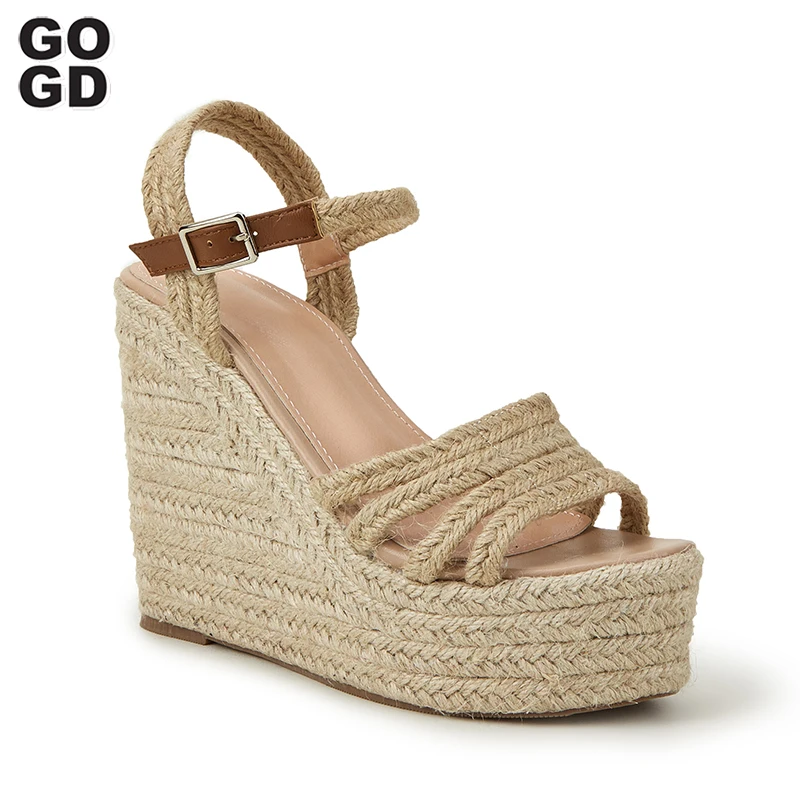 GOGD Fashion Women Weave Cane Wedges Sandals Platform Summer 2023 ...