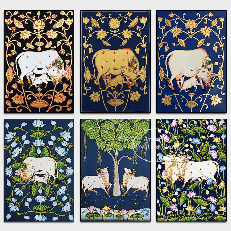 Indian Art Cow and Lotus Golden Poster Print Canvas Painting Wall ...