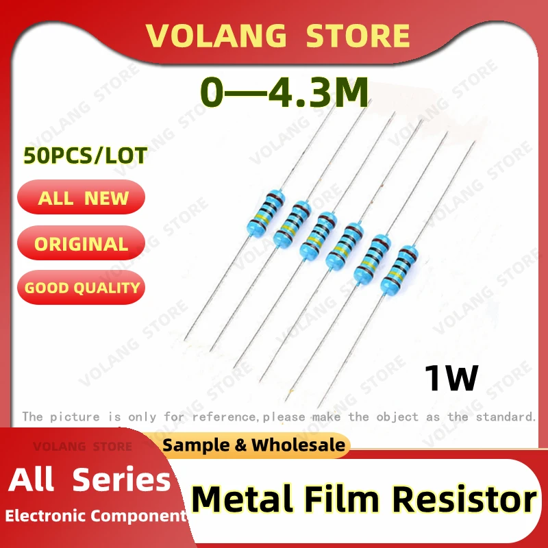 50Pcs 1W Metal Film Resistor 1% 0.1R ~ 4.3M 10R 22R 47R 680R 750R 1K 3K ...