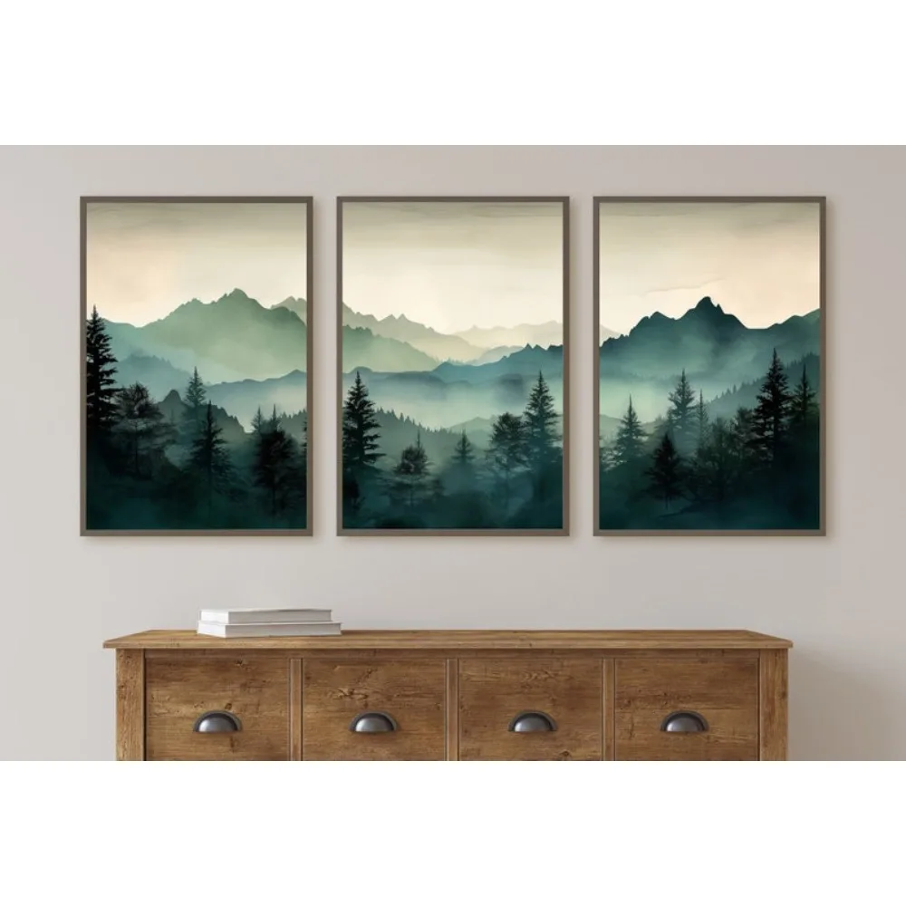 3 Pcs Frameless Sage Green Gable Art, Watercolor Mountain Scenery ...