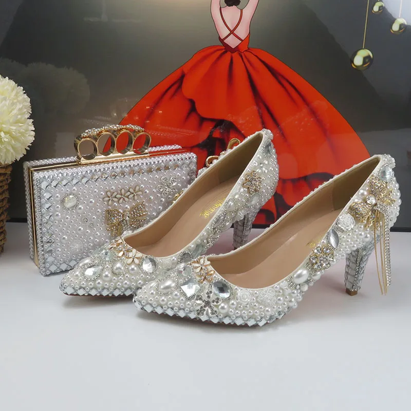 White-Tassel-ladies-Wedding-Shoes-and-bag-Set-Woman-Thin-Heel-Pointed ...