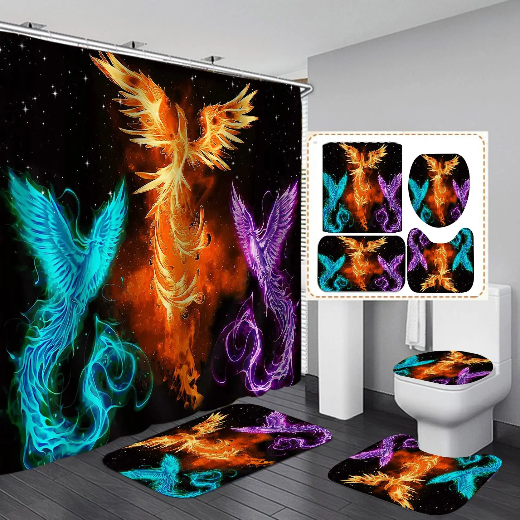 Galaxy-Fire-Phoenix-Shower-Curtain-Set-with-Rugs-Starry-Sky-Flaming ...
