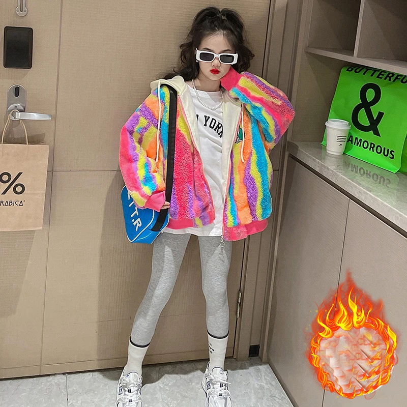 8 10 12 years Girls Fleece Colorful Jackets Fashion Loose Hoodies ...