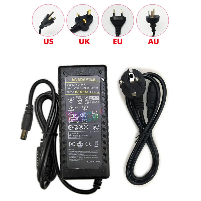 60W DC12V 5A Power Adapter with plug AC 100 240V to DC 12V LED Strip ...