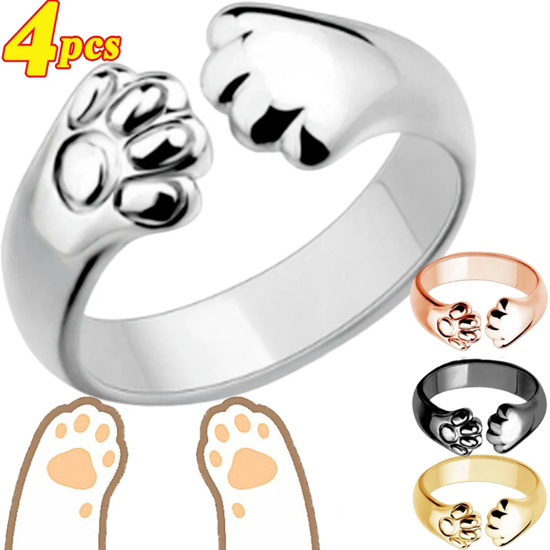 1-2-4Pcs-Cute-Cat-Rings-for-Women-Girls-Adjustable-Cat-Paw-Animal ...