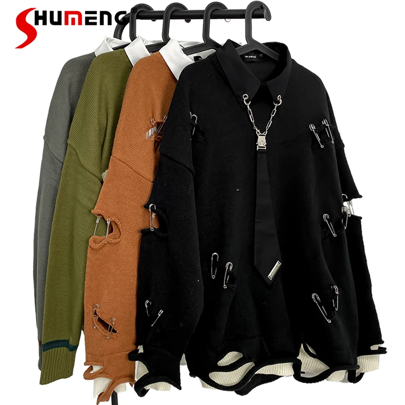 American-Retro-College-Style-Bandage-Dress-Ripped-Pin-Sweater-Men-s ...