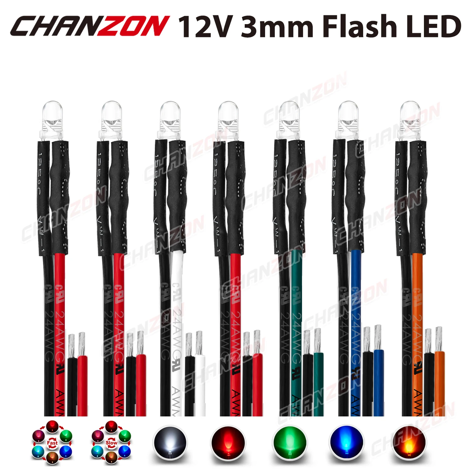 20Pcs 3mm LED Diode 12V White Red Green Blue Yellow RGB Fast Slow Flash ...