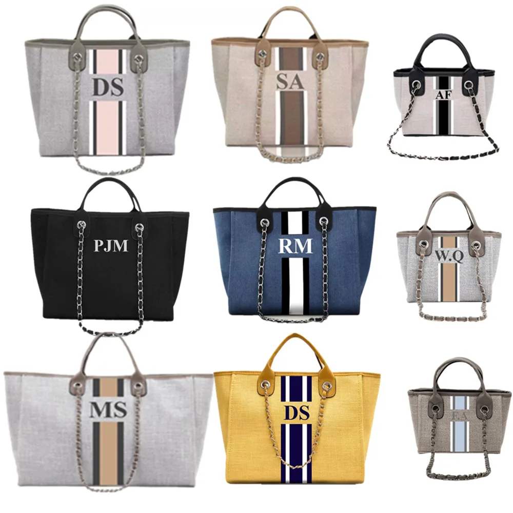 Personalized-Monogram-Tote-Bag-Customised-Chain-Handbag-White-Stripe ...