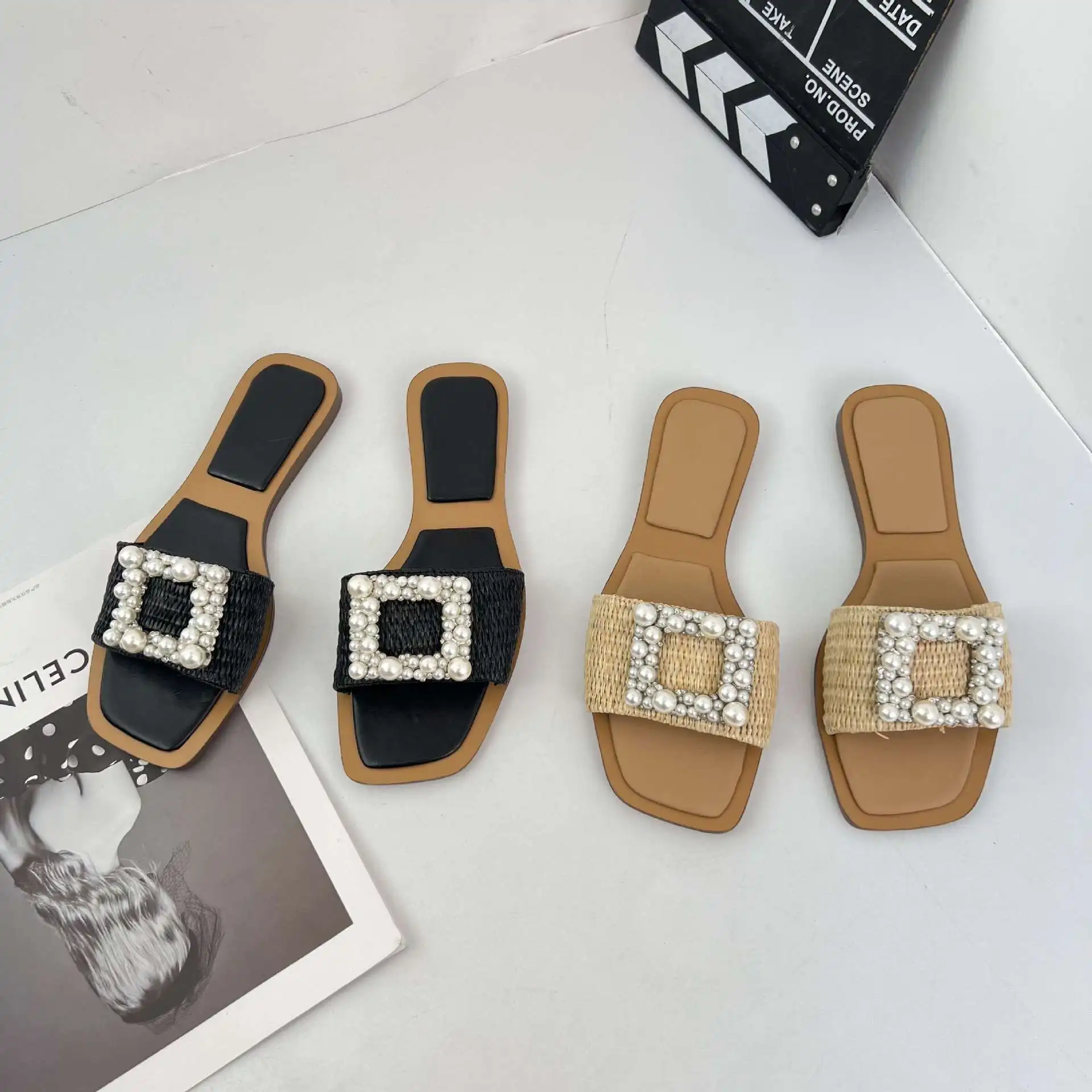 String-Bead-Square-Toe-Female-Shoes-Slippers-Flat-Low-Slides-Rubber ...