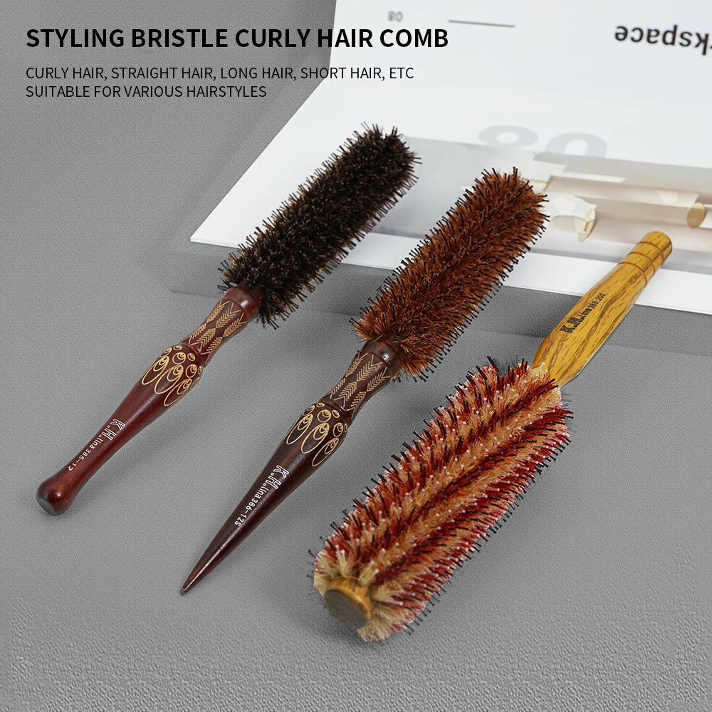 Professional Barber Hair Comb Natural Wooden Bristle Hair Round Brush ...