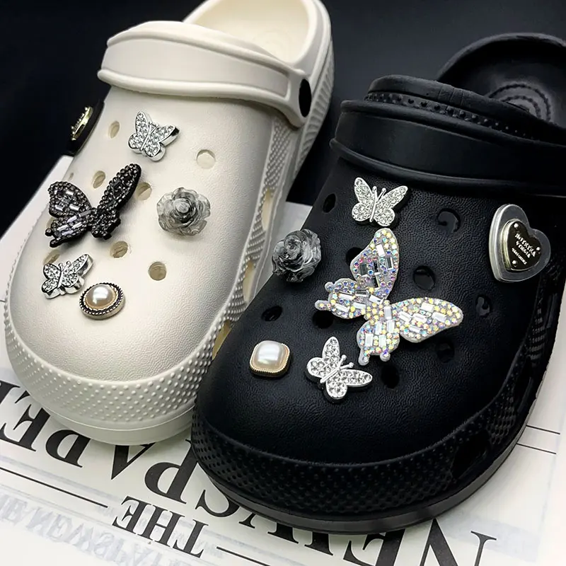 Sparkling Butterfly Flower Pearl Shoe Charms for Crocs Black White Set ...