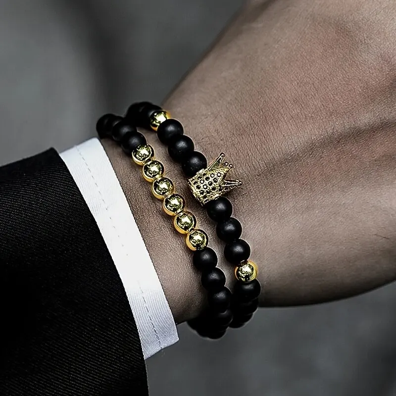 2PCS-Gold-Color-Black-Natural-Stone-Bead-Bracelet-For-Men-Classic ...