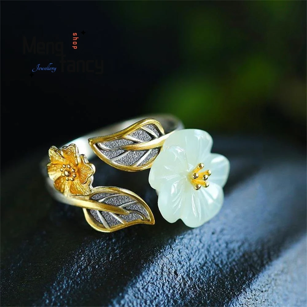 Natural-White-Hetian-Jade-Flower-Ring-S925-Silver-Jewelry-Eternity ...
