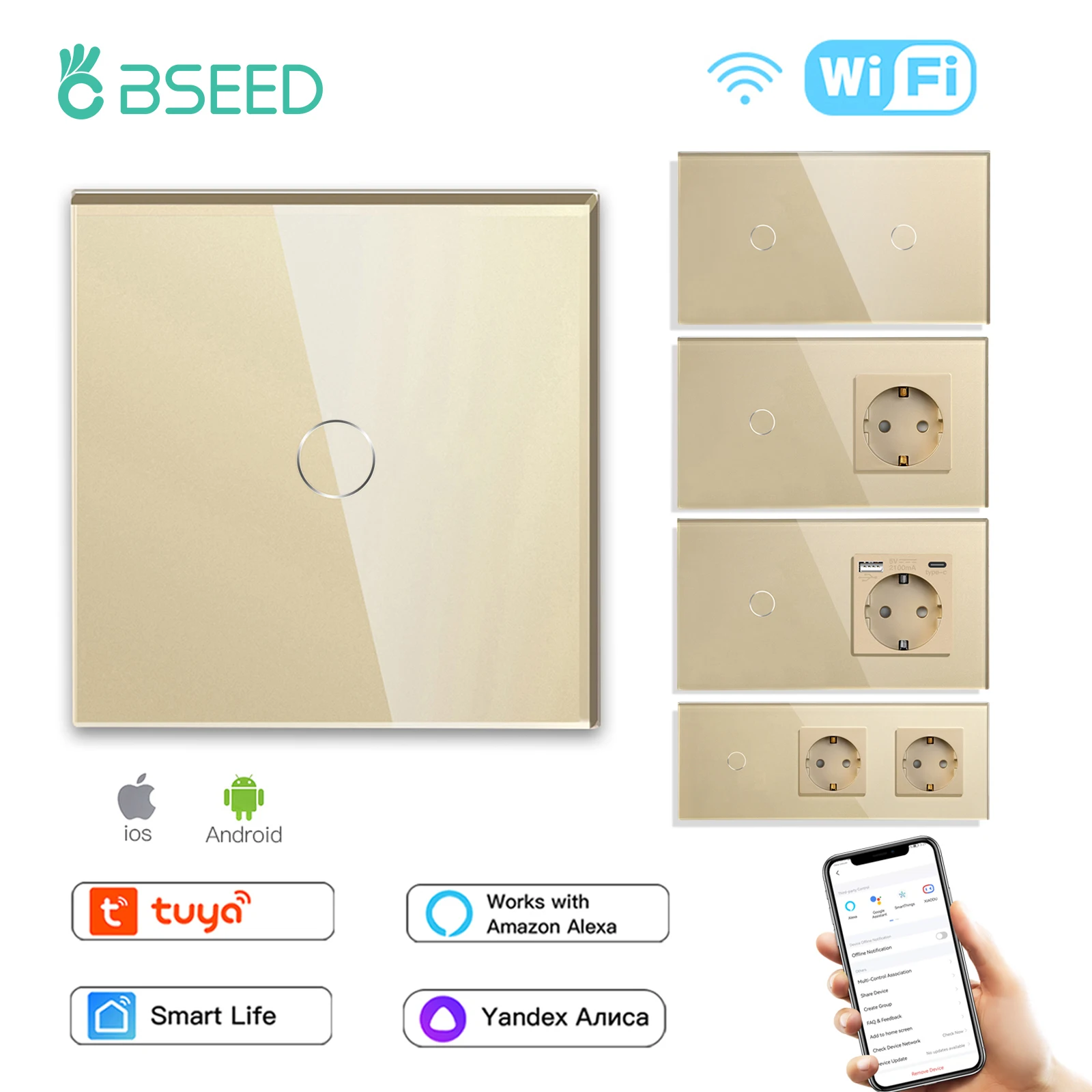 BSEED Wifi 1/2/3Gang Wall Touch Switches 1/2/3Way Type-c USB Sockets ...