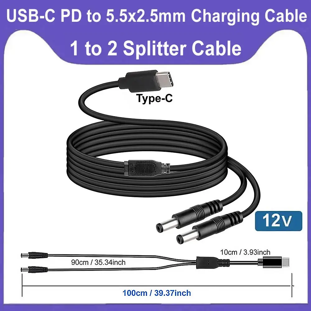12V 3A USB C to DC Splitter Cable Type-C PD to Dual DC 5.5x2.1mm Power ...