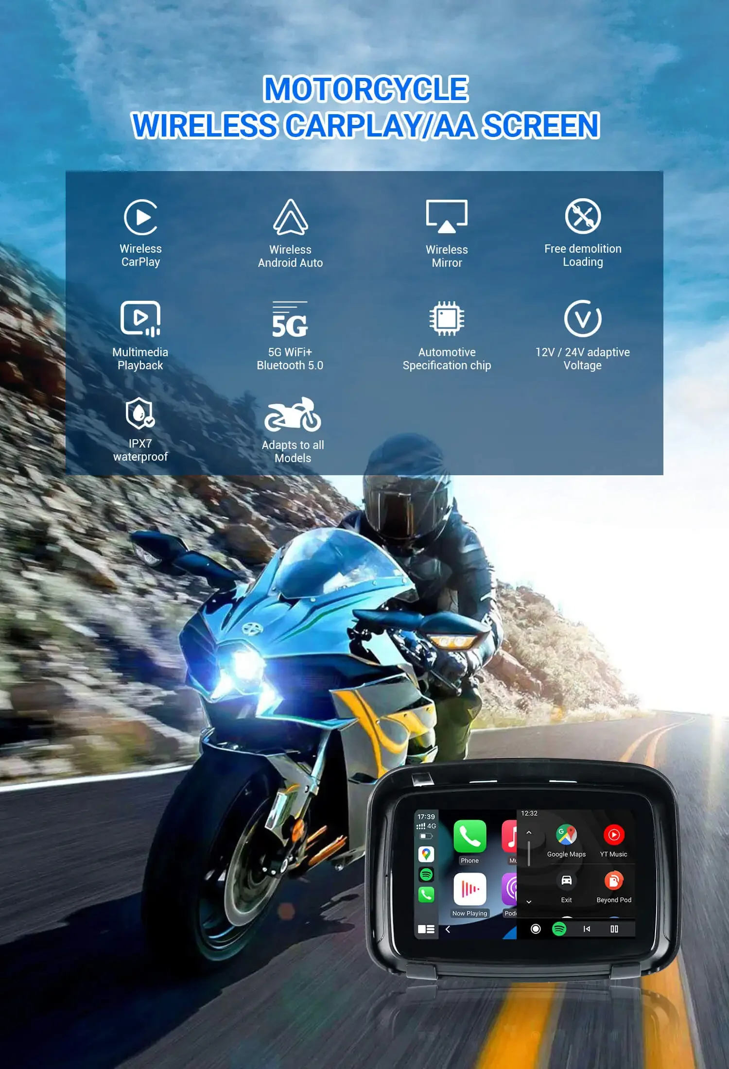CarPlay Lite C5 Motorcycle GPS Wireless Carplay Android Auto Waterproof ...