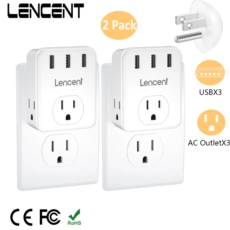 LENCENT-2-PCS-US-Multi-Plug-Outlet-Extender-with-3-Outlets-3-USB-Wall ...