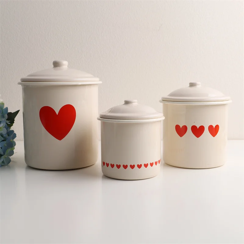 Enamel Canister Set with Red Heart Design - Set of 3 Storage Containers