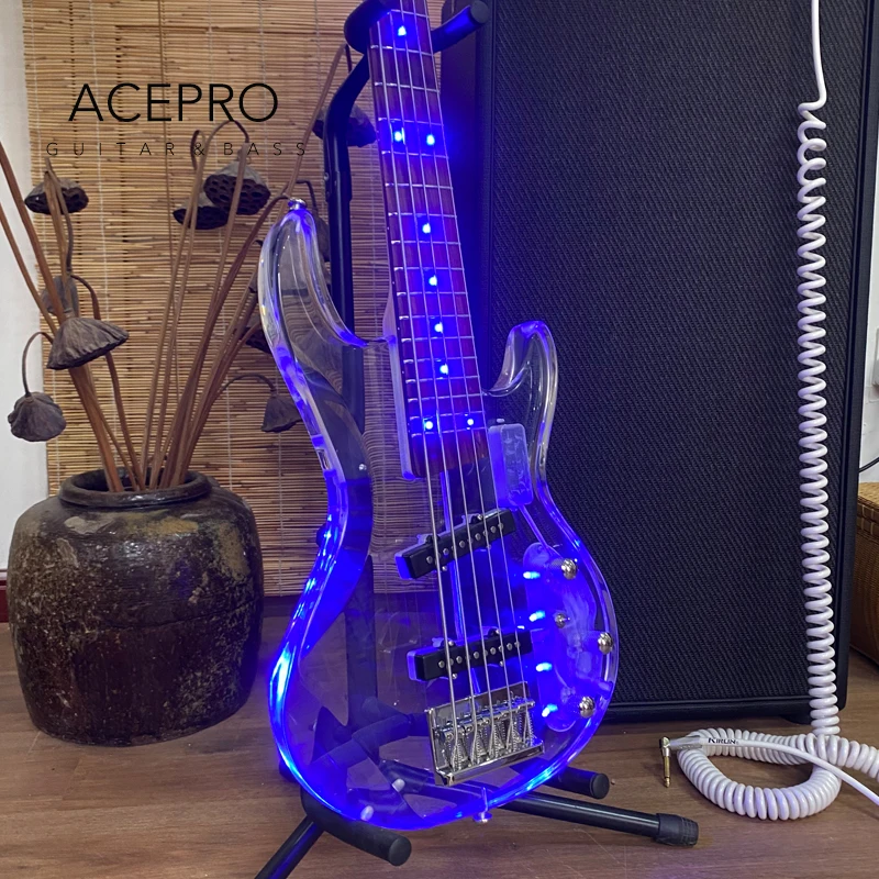 In-Stock-5-String-Blue-LED-Lights-Electric-Bass-Guitar-Clear-Acrylic ...