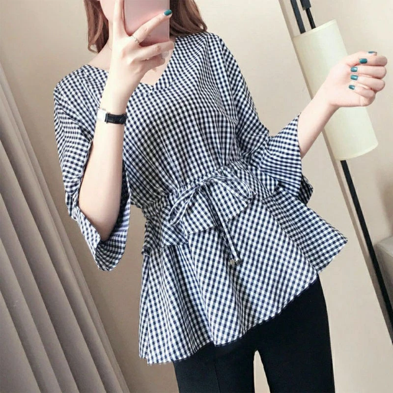 Summer New V-neck Elegant Women Plaid Blouses Vintage Fashion Shirring Slim Waist Shirt Commuter ...