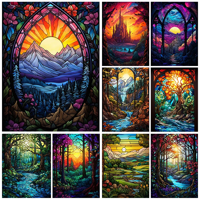 Pósteres de paisajes de vitral modernos, pinturas en lienzo e ...
