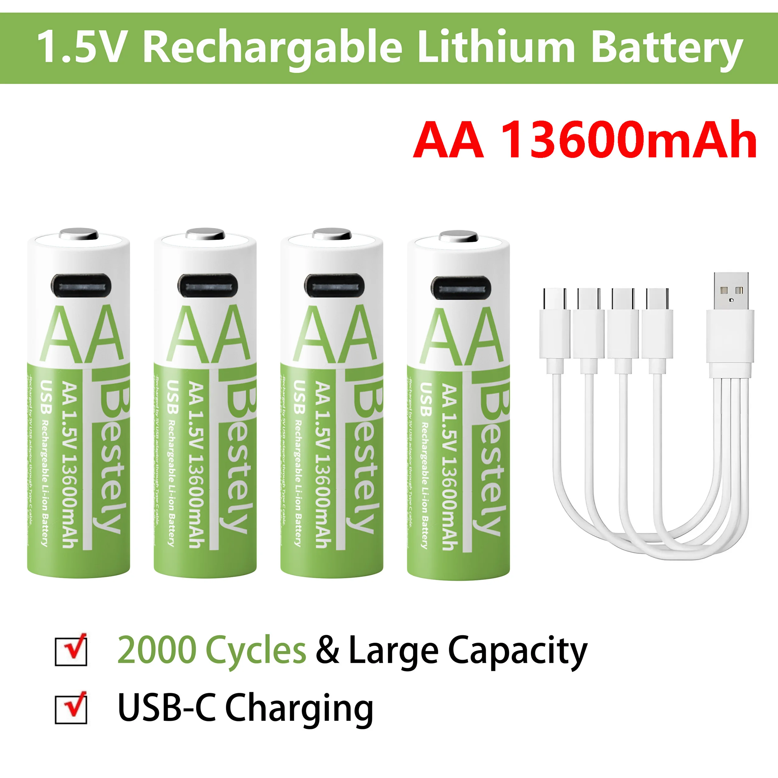 A-grade cell 1.5V 13600mAh AA-type USB-C lithium-ion battery fast ...