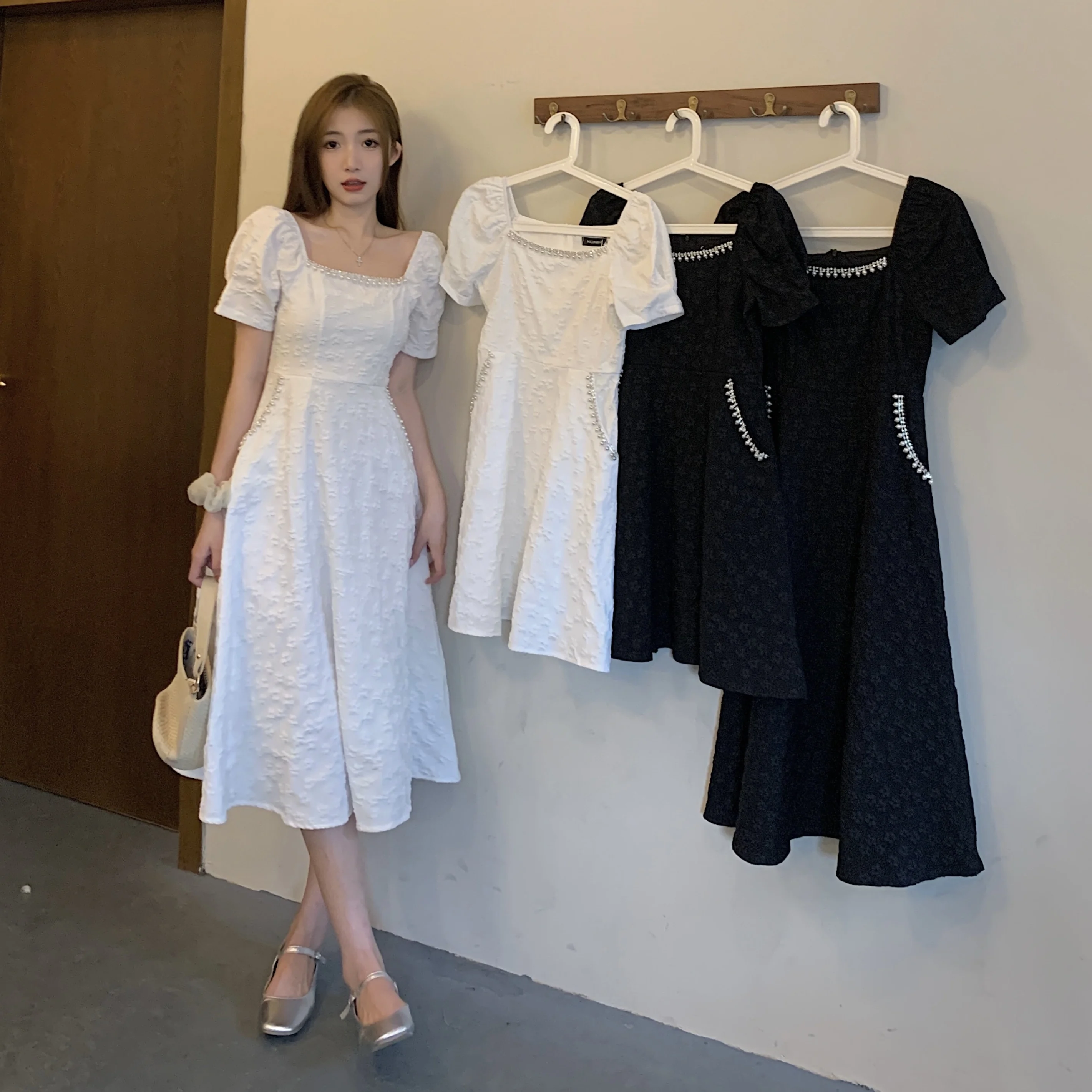 대형 여성 의류 프랑스 중공업 다이아몬드 자카드 드레스 여름 뚱뚱한 소녀 배꼽 커버 슬리밍 허리 포옹 젊은 검은 드레스