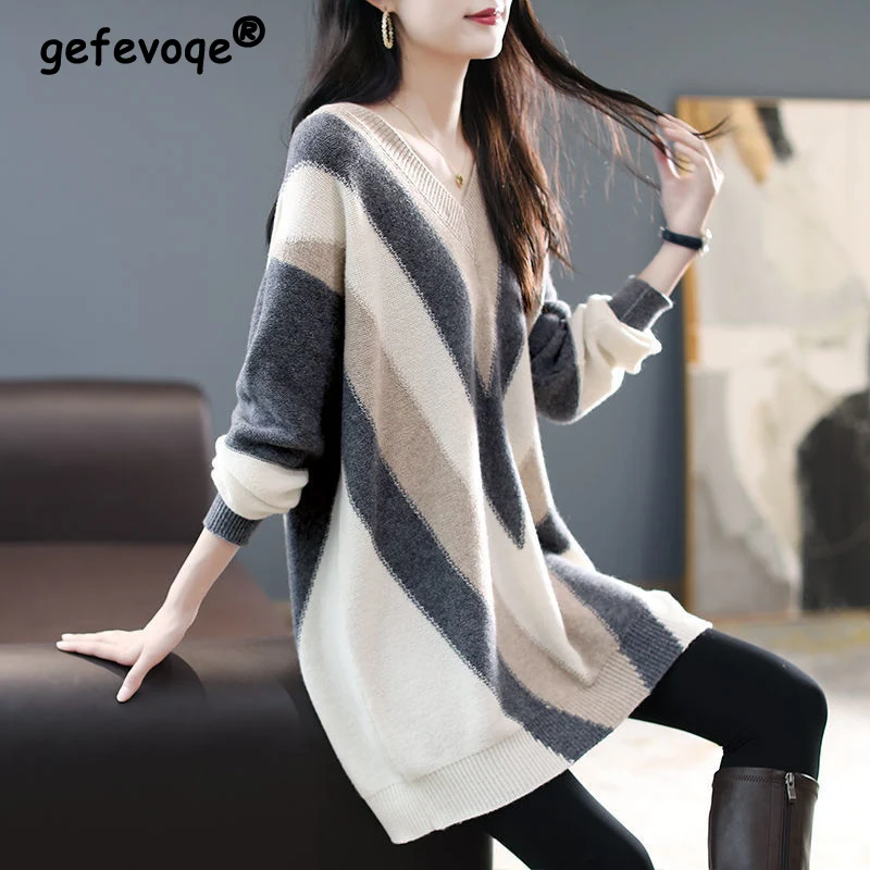Vintage-Korean-Fashion-V-neck-Striped-Long-Sleeve-Knitted-Sweater-for ...