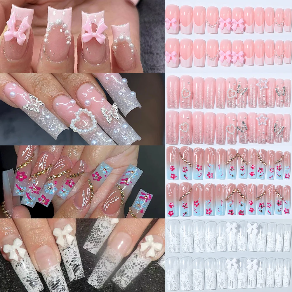 4-packs-96pcs-fake-nail-set-Y2k-long-square-nail-series-combined-nails ...