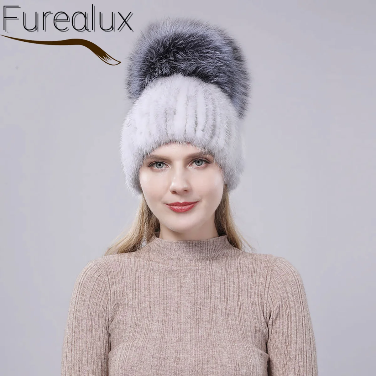 FUREALUX New Real Mink Fur Hat With Fox Fur Ball Thickened Street Style ...