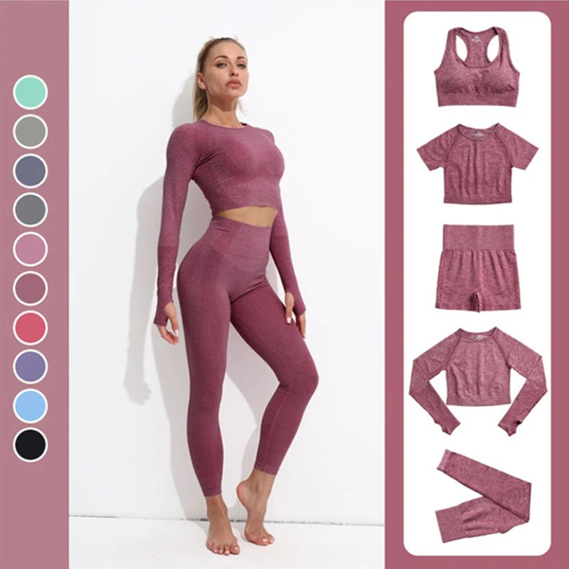 5Pieces Seamless Women's Yoga Set Fitness Long Sleeve Crop Top High ...