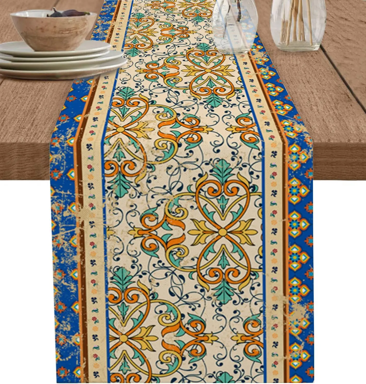 Vintage-Boho-Modern-Geometric-Linen-Table-Runners-Blue-Yellow-Orange ...