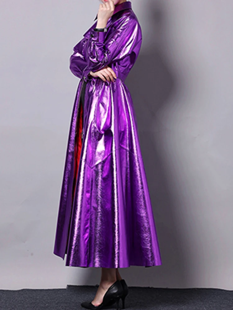 Lautaro Autumn Long Shiny Reflective Patent Pu Leather Trench Coat for ...