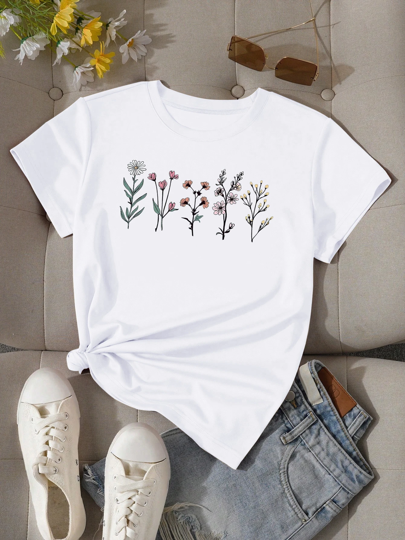 flower-print-t-shirt-short-sleeve-crew-neck-casual-top-for-summer ...