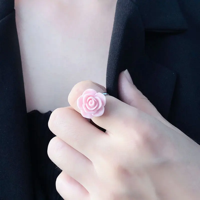 Romantic Pink Rose Flowers Rings For Women Girls Adjustable