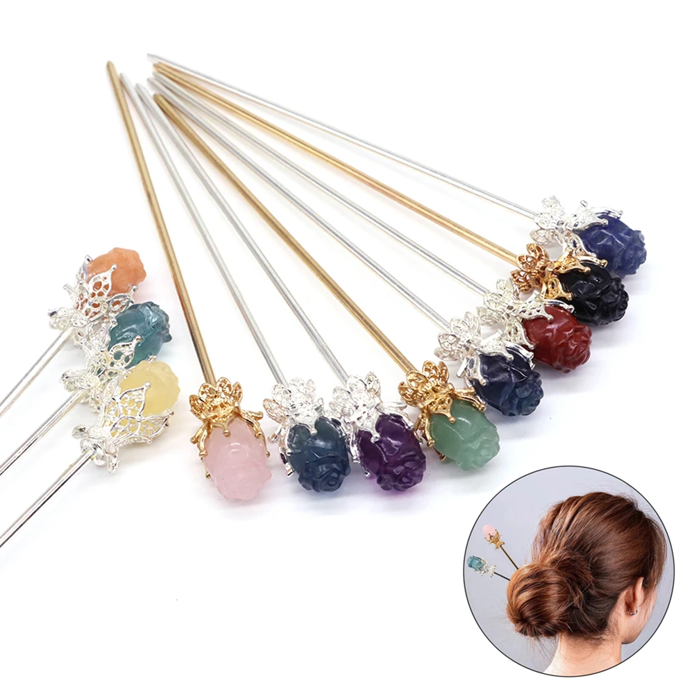 Retro Hair Clips Pins Women Crystal Hair Sticks Natural Stone Rose ...