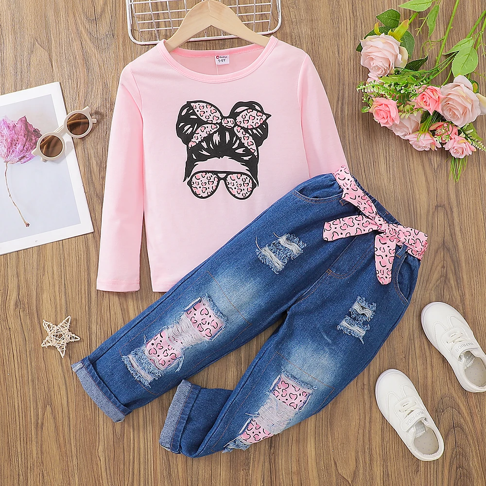 PatPat 2pcs Kid Girl Figure Print Long sleeve Pink Tee and Belted ...